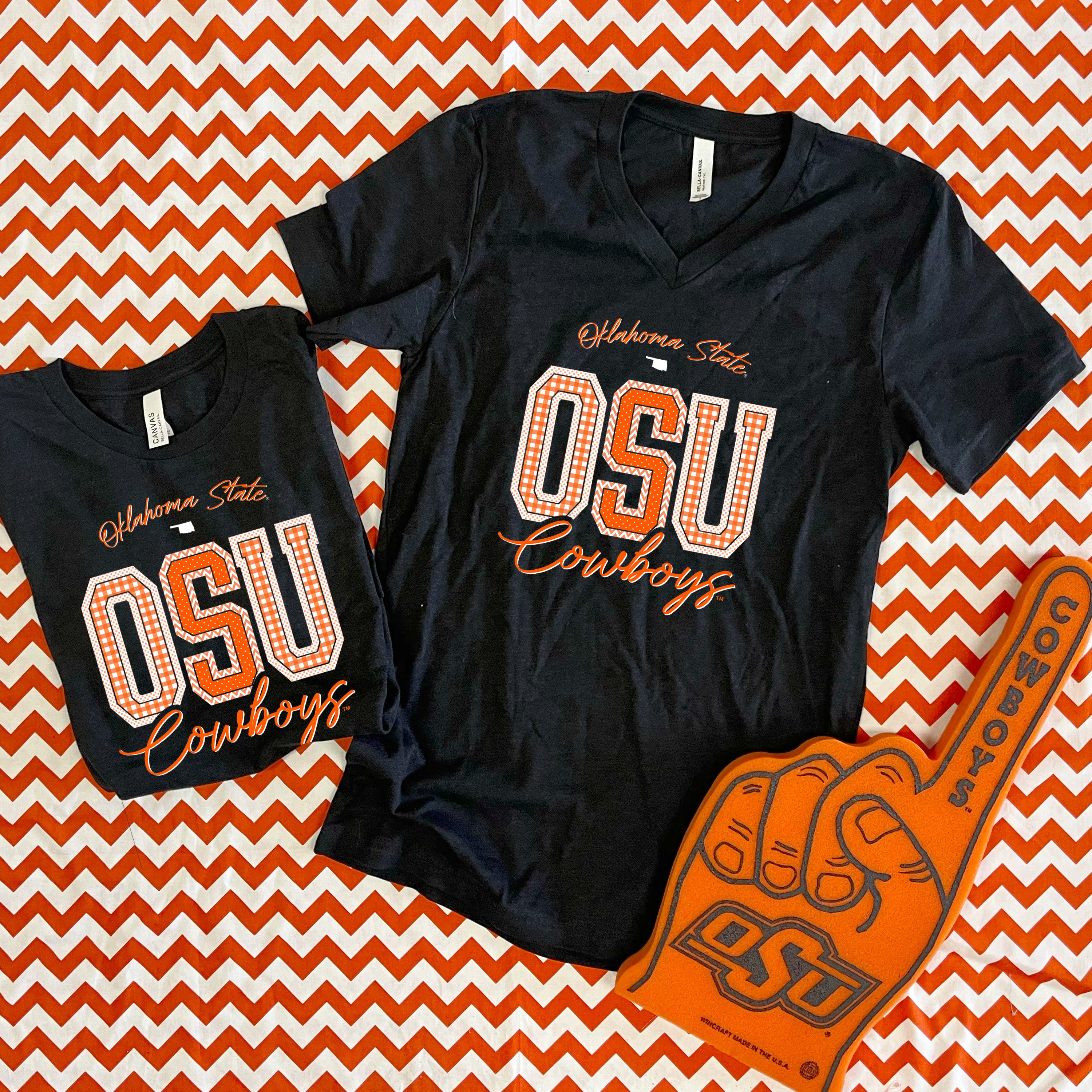 OK STATE 2025: OSU Mixed Pattern Gingham & Chevron (BELLA CANVAS VNECK ...